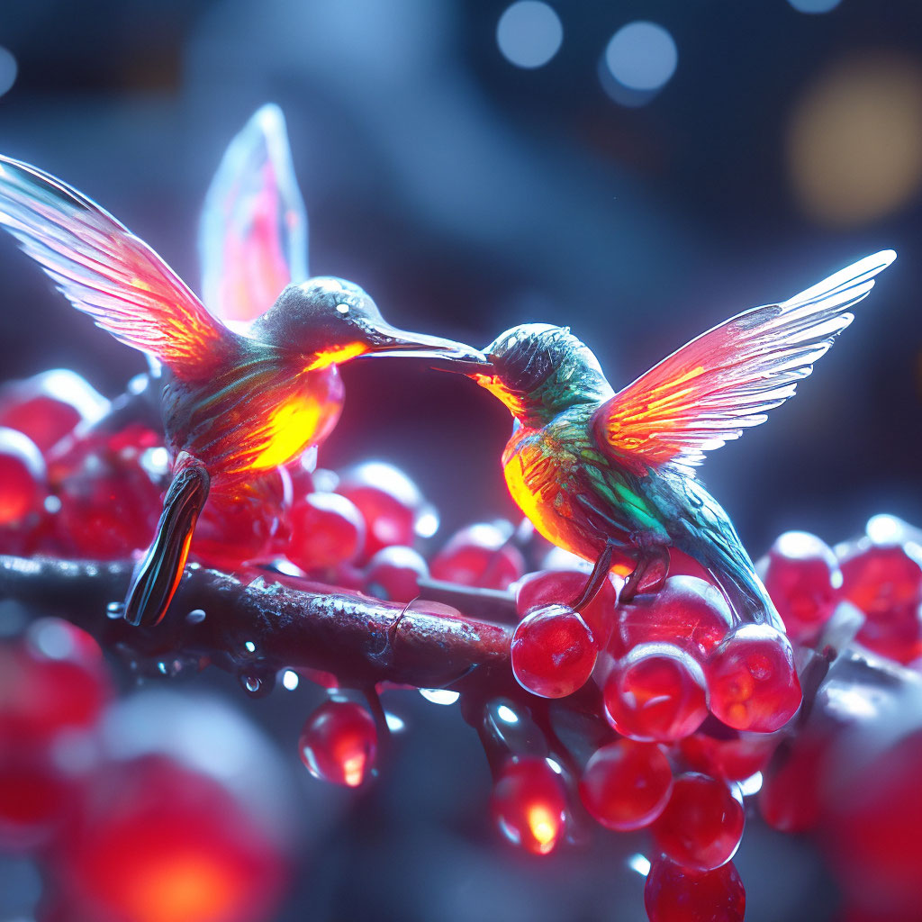 "Macro photography glowing neon hummingbirds on a branch with a bunch ...