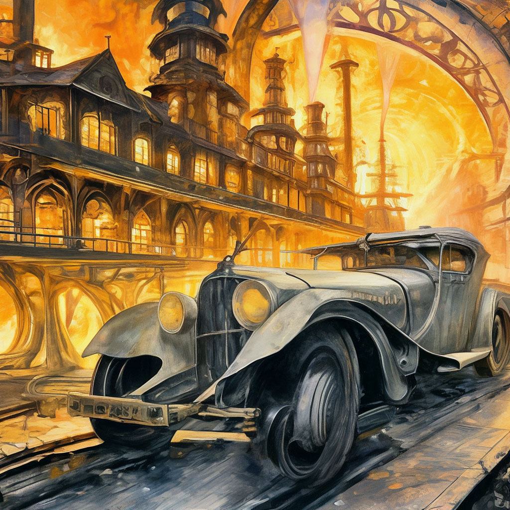 "Cars, Houses, Factories, Ghosts of trees. The ornament. Vintage Car ...