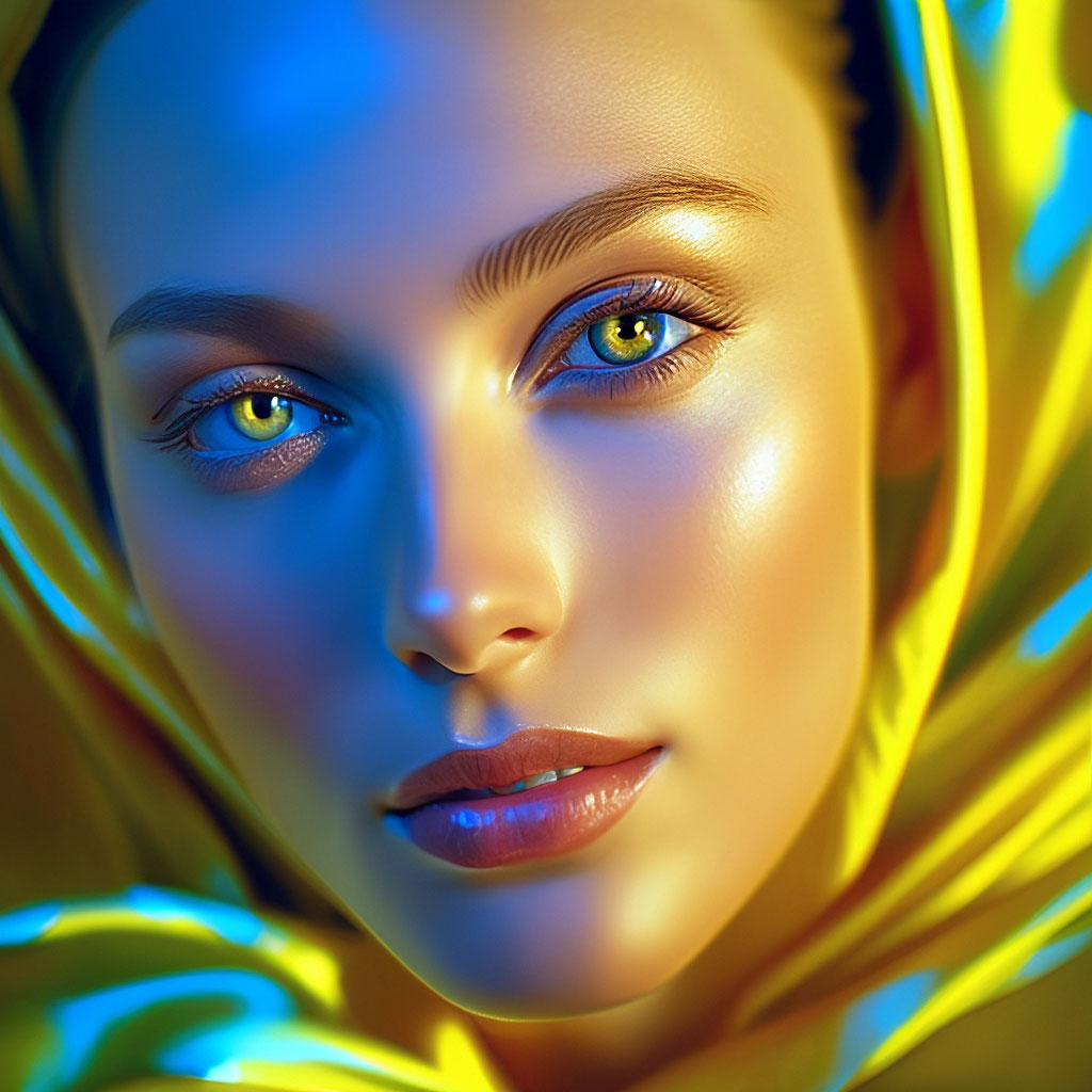 "A beautiful woman with very bright yellow eyes with mother-of-pearl ...