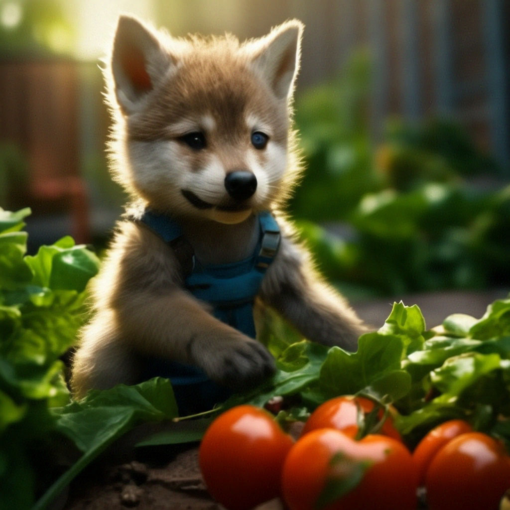 "Anthropomorphic cute wolf cub takes care of vegetables in the garden ...