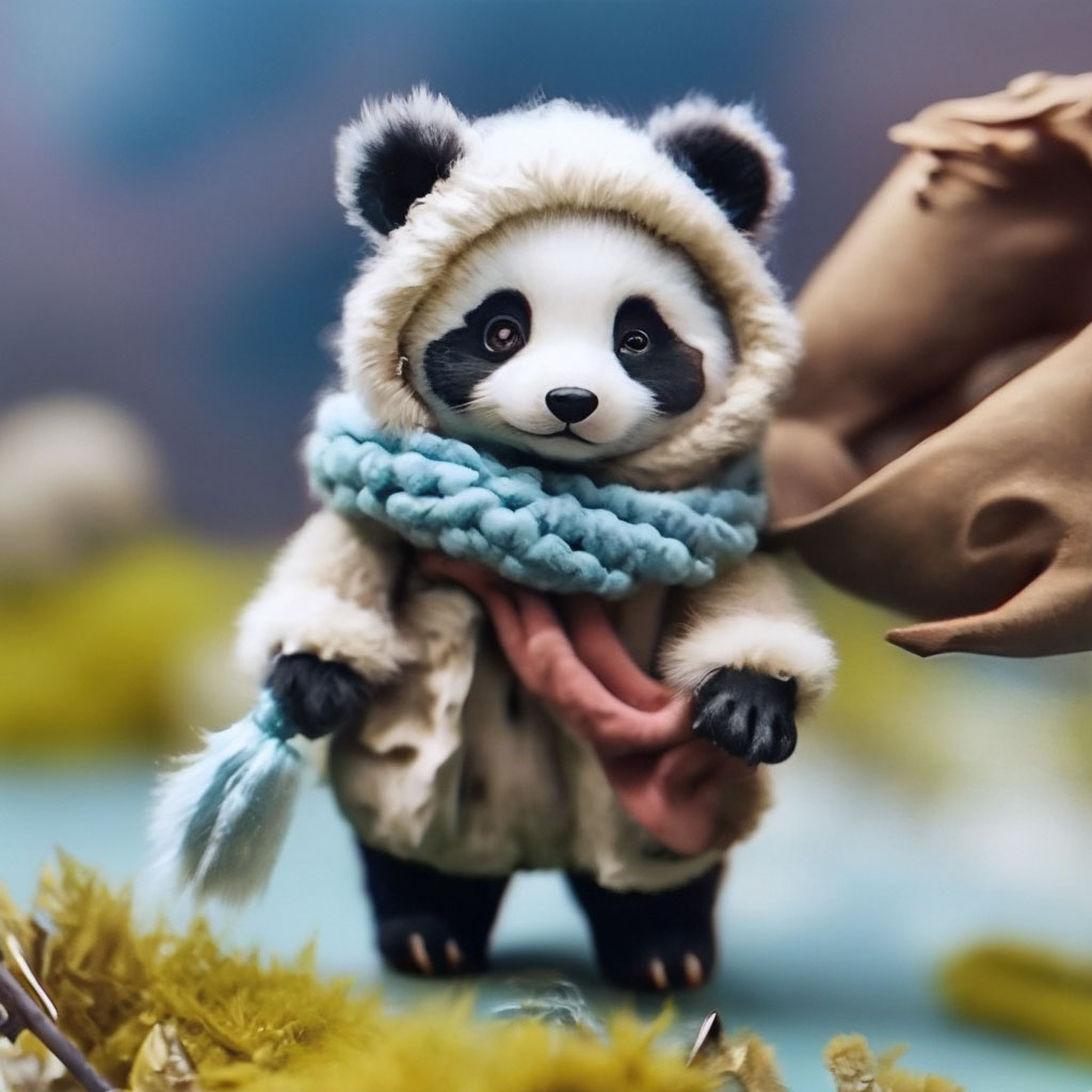 "Spring is coming, detailed, fluffy, miniature panda bear in a scarf ...