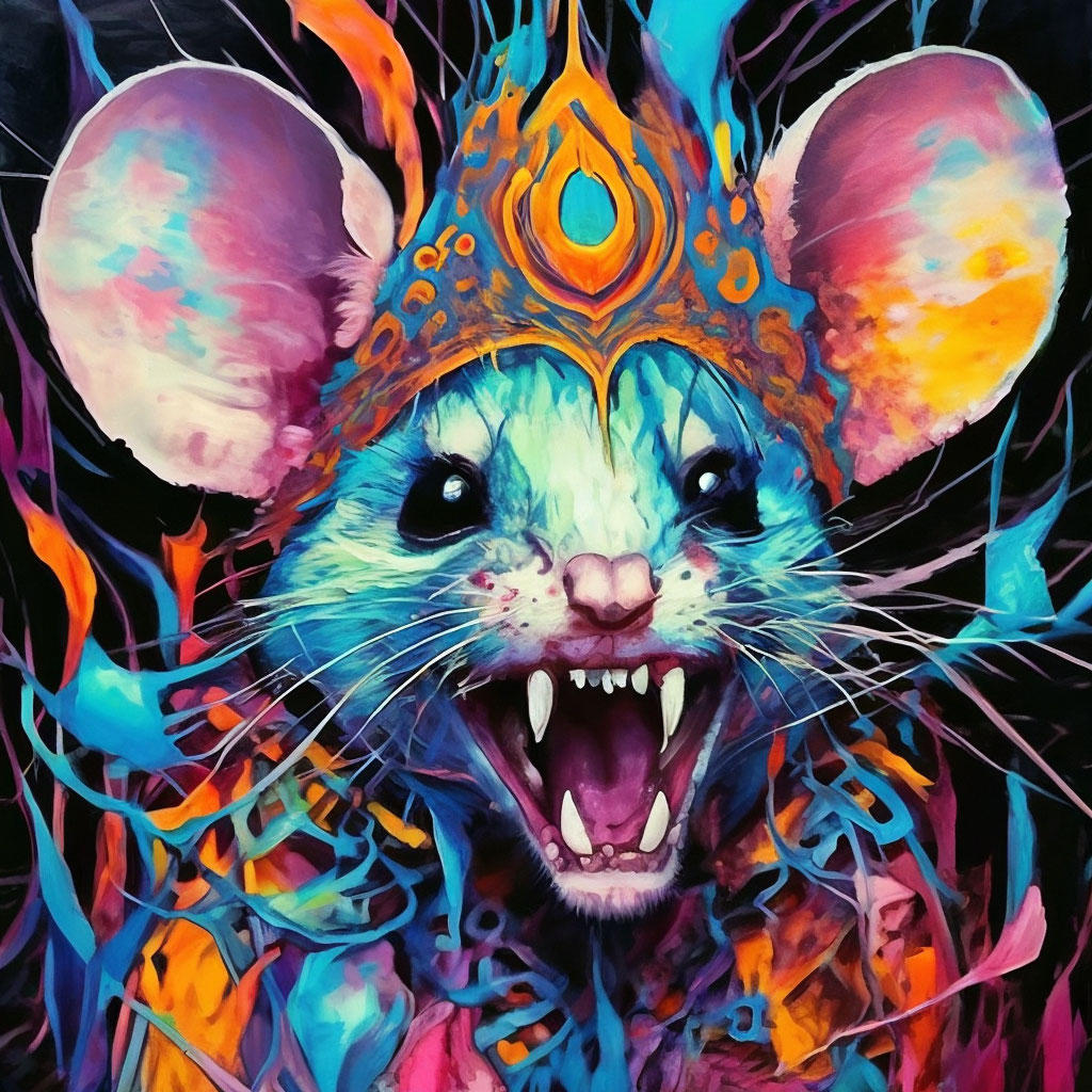 "Zombie mouse, carved fangs, swirl of colors, headdress, bold strokes ...