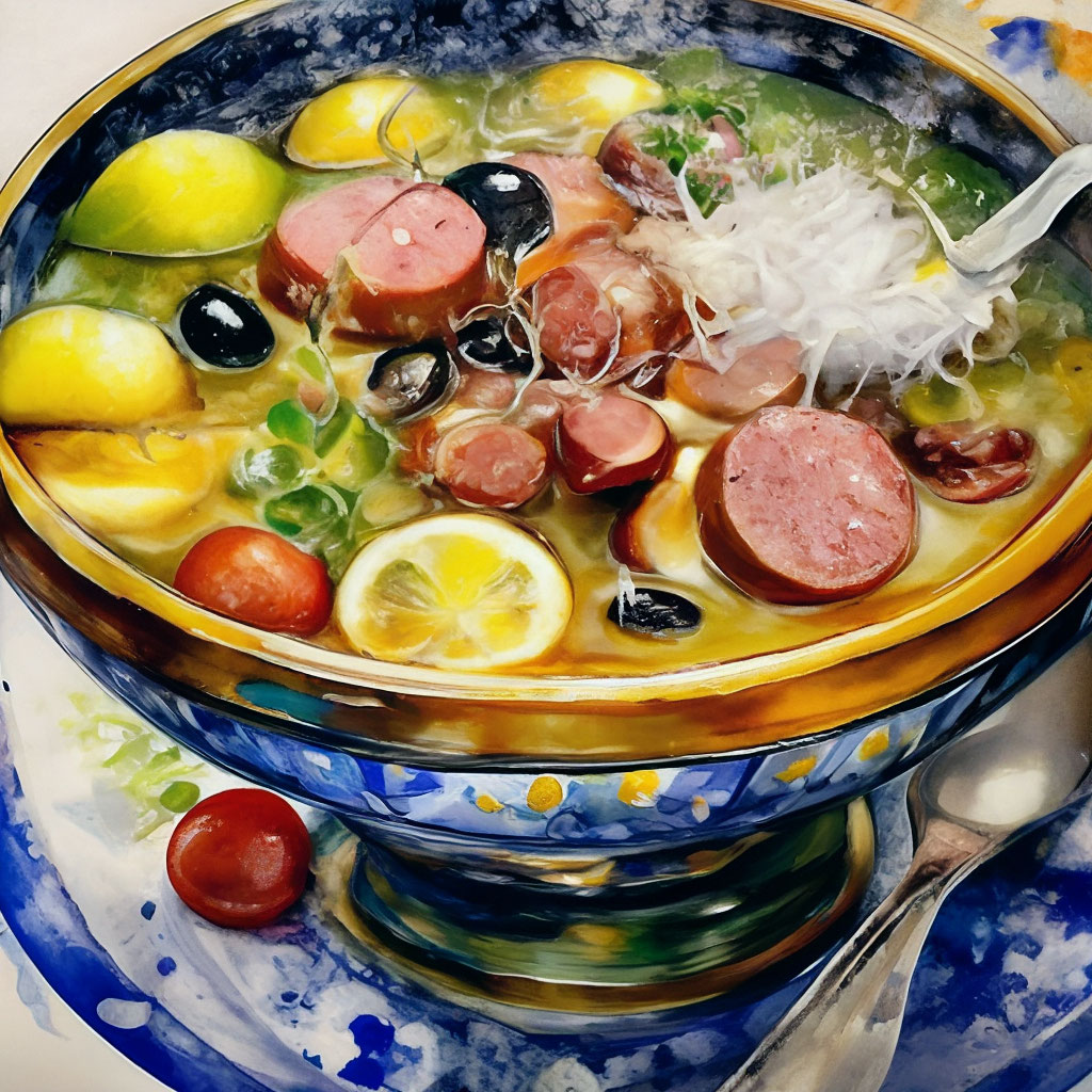 "Solyanka.. Surreal food sketch+ hyperrealism, top view, watercolor, 3D ...