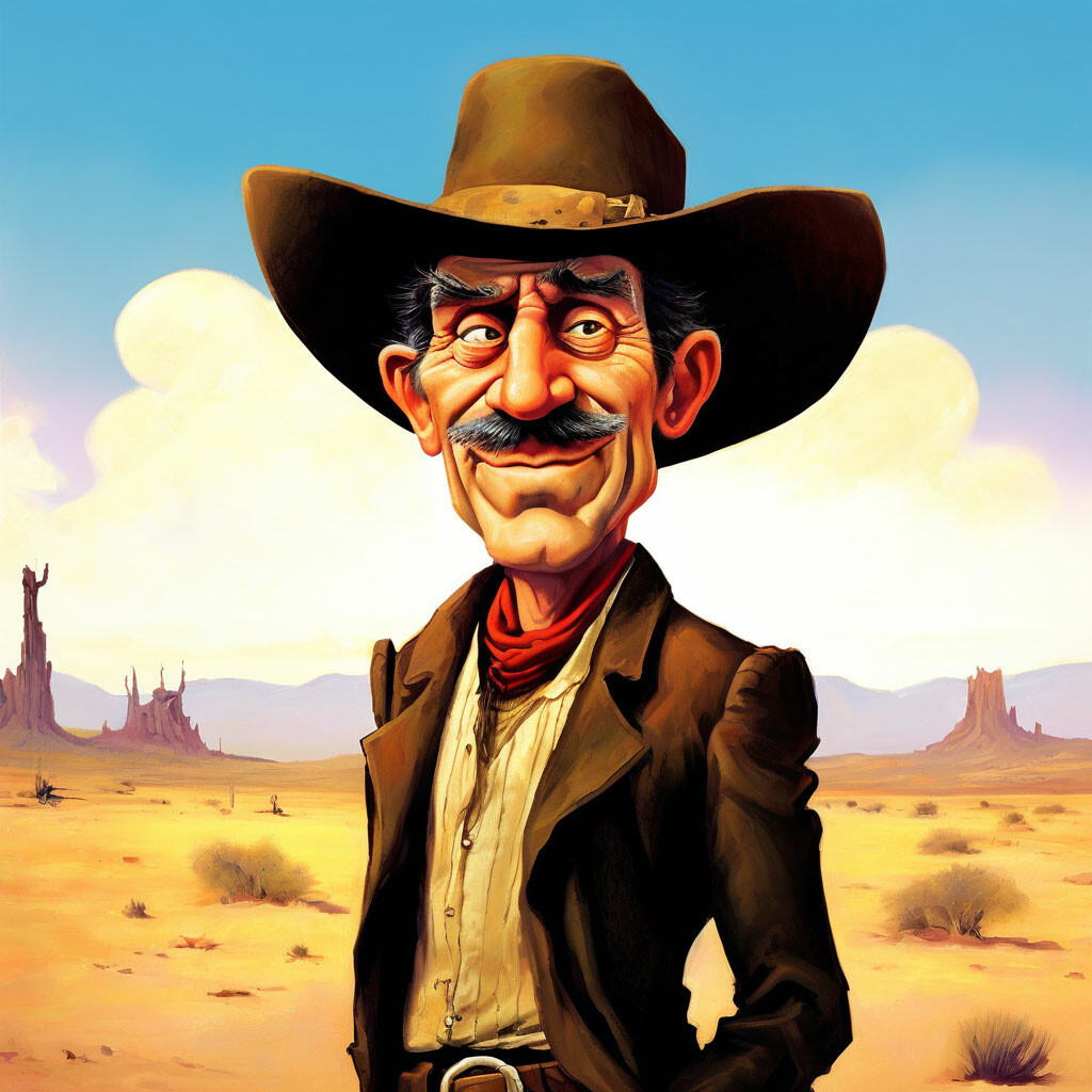 "Whimsical and charming caricature of a cowboy set in the very wild ...
