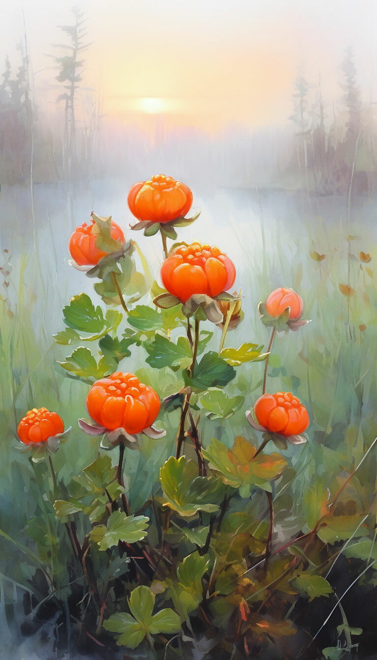 "Cloudberry orange berry amber transparent grows in a swamp, creeps on ...