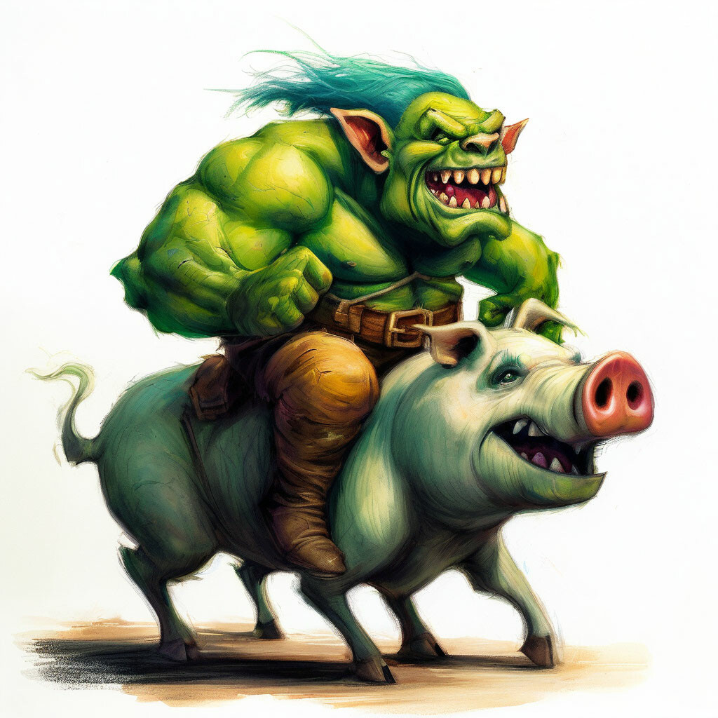 "A green fanged orc rides a huge cute pig animation illustration ...