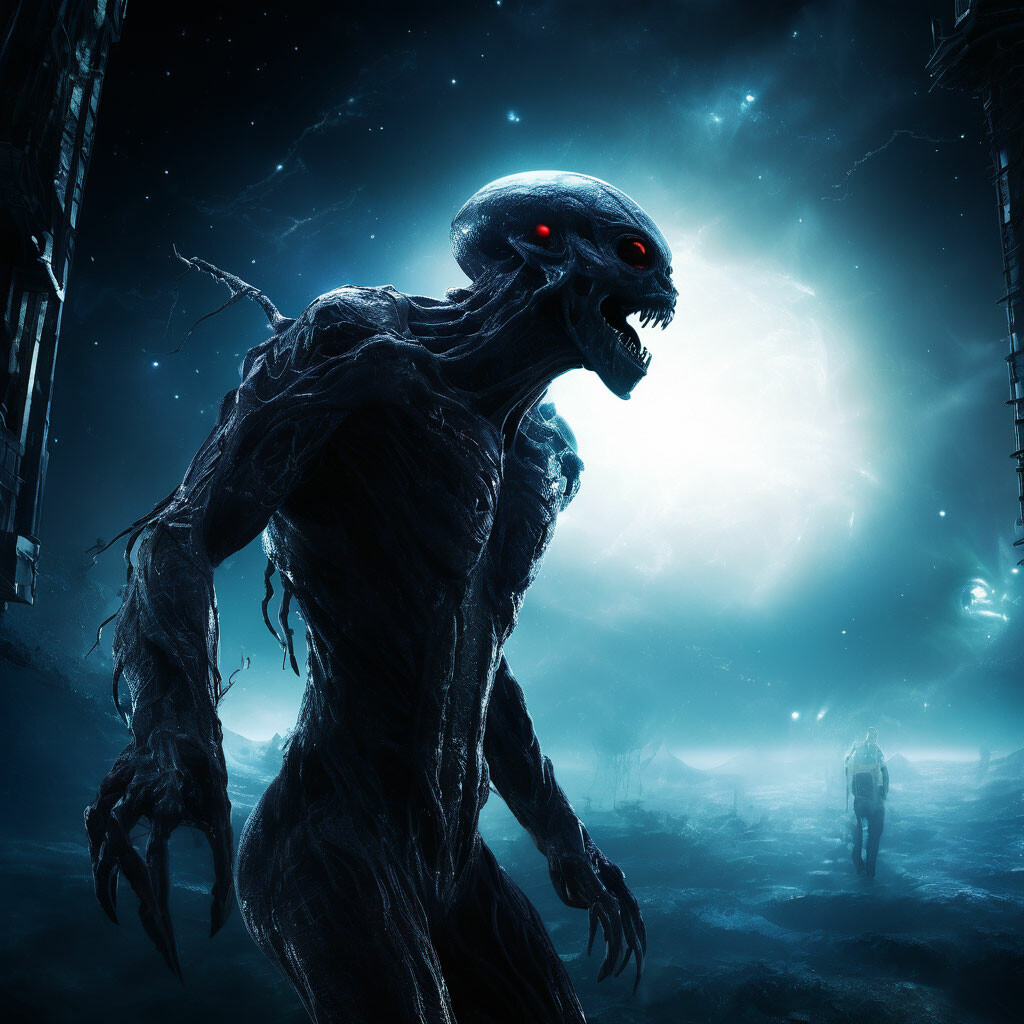 "A scary monstrous mystical humanoid alien creature with glowing veins ...
