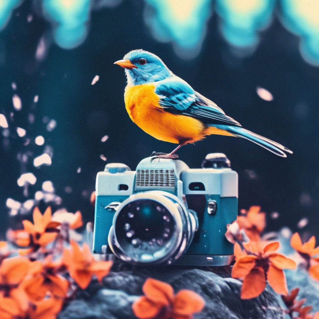 "A bird sitting on top of a camera, intricate details illustration ...