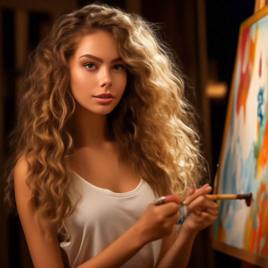 "Mega beautiful artist girl, stands in front of an easel and paints a ...