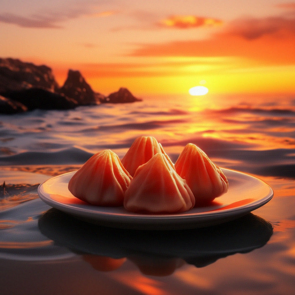 "Dumplings , sunset at the sea" — image created in Shedevrum