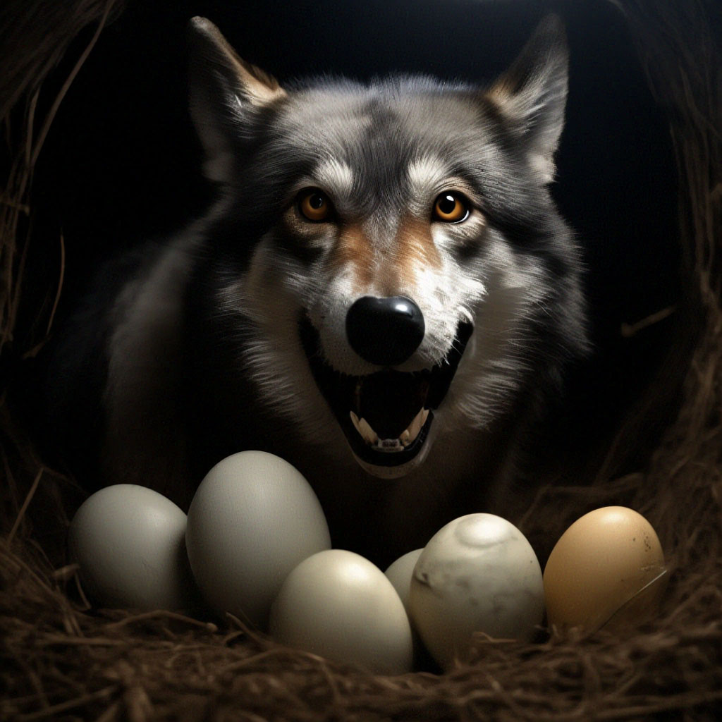 "A surprised wolf with bulging eyes hatches eggs" — image created in ...