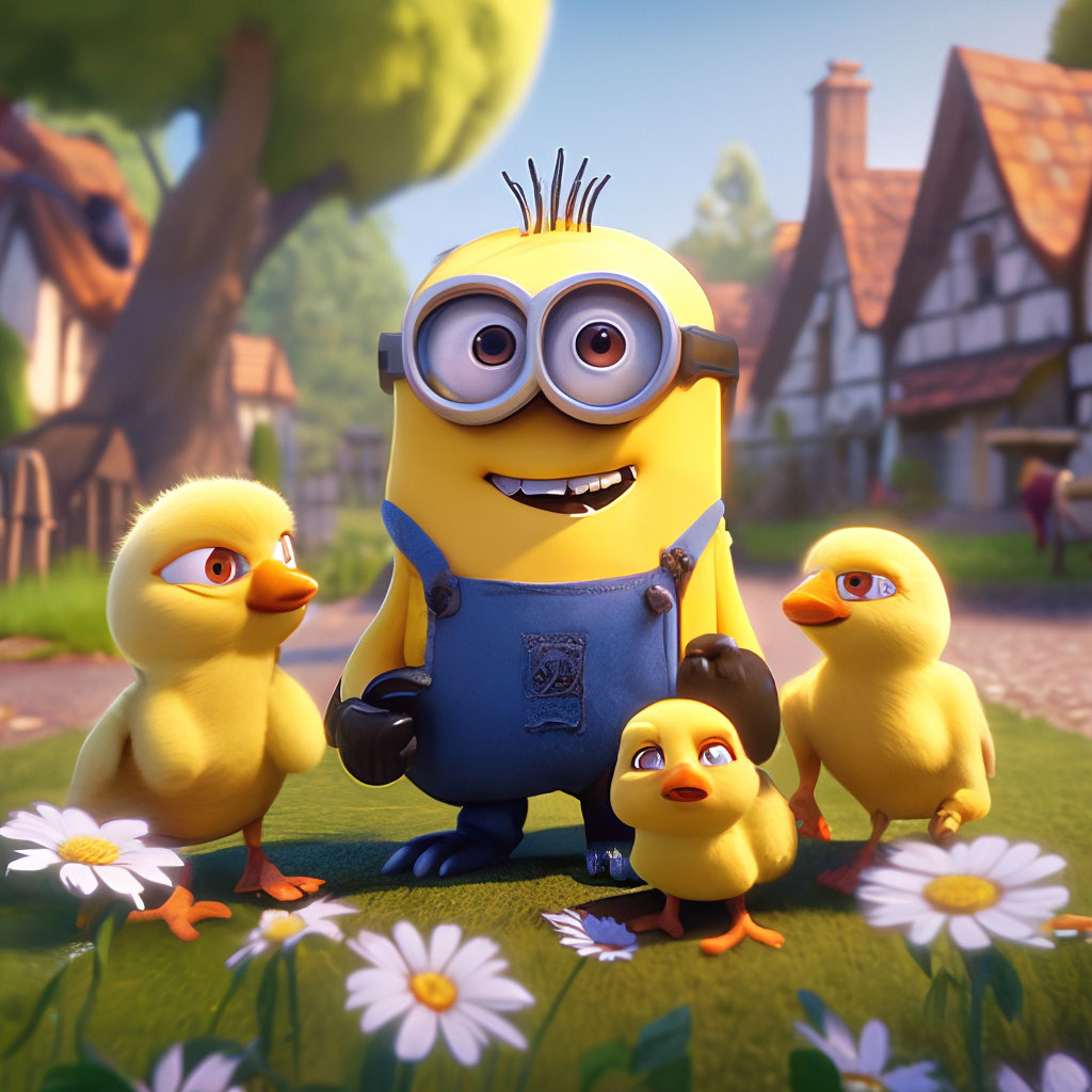 "Minion with a daisy in his hand and his chicks, in the village, smug ...