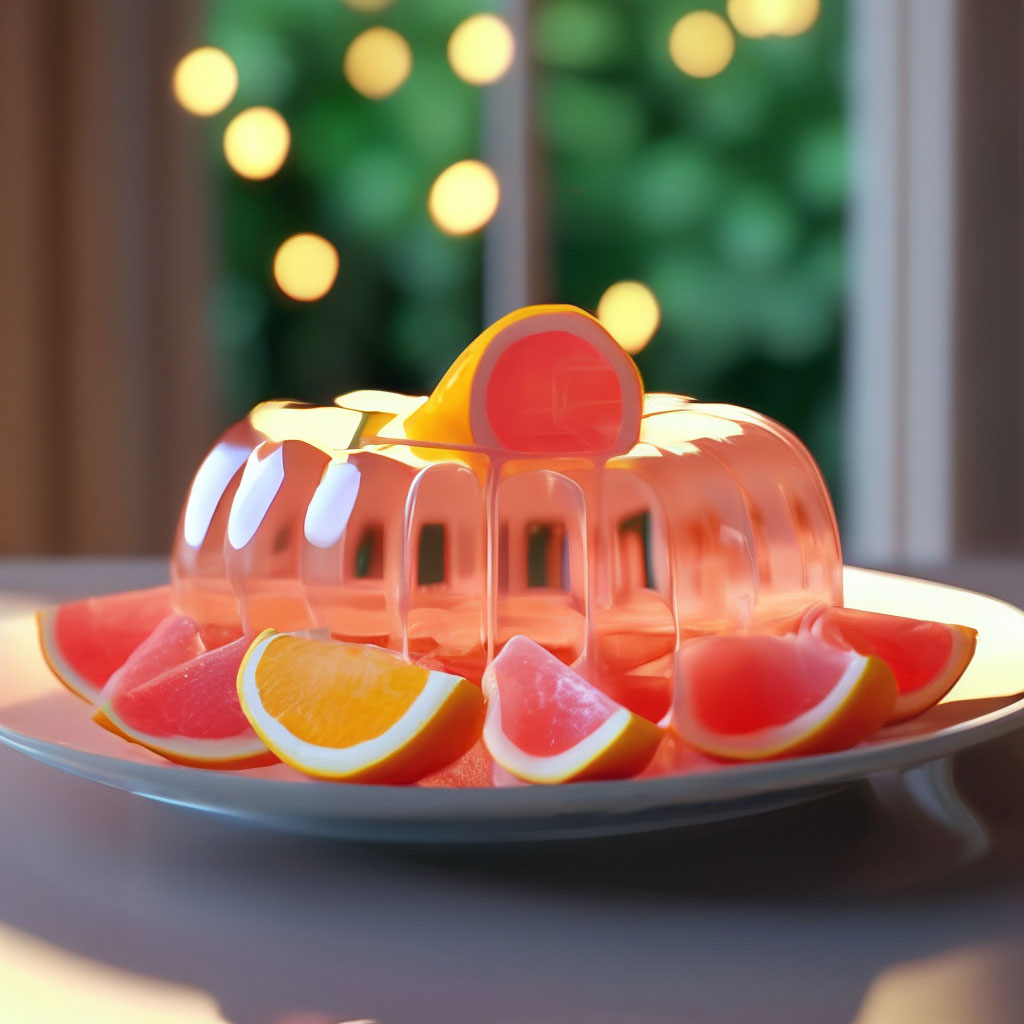 "Jelly with grapefruit Jelly on a platter,4k" — image created in Shedevrum