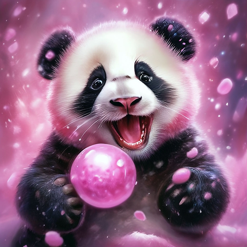 "Ultra-cute, joyful panda, lips blowing a big pink ball of chewing gum ...
