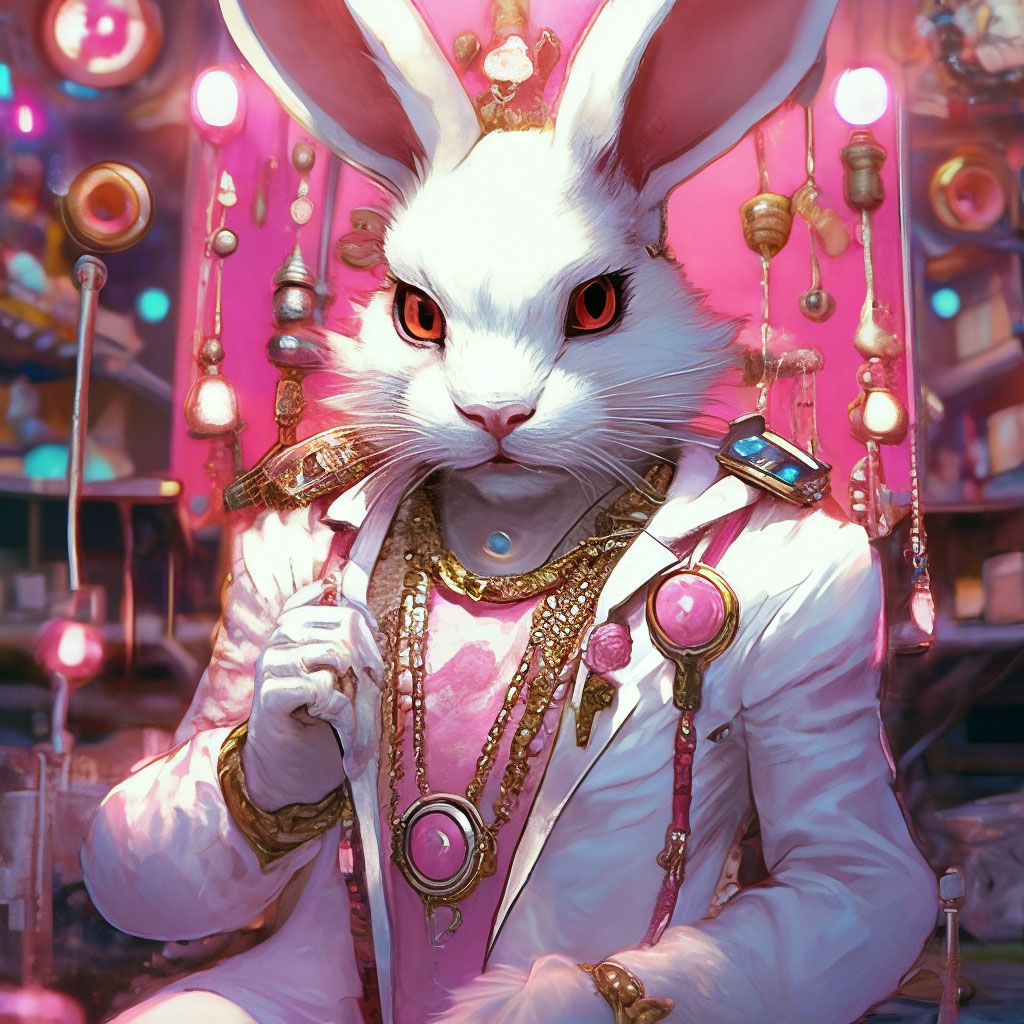 "Rabbit-man symbiosis, white fur, pink dress, children's jewelry, big ...