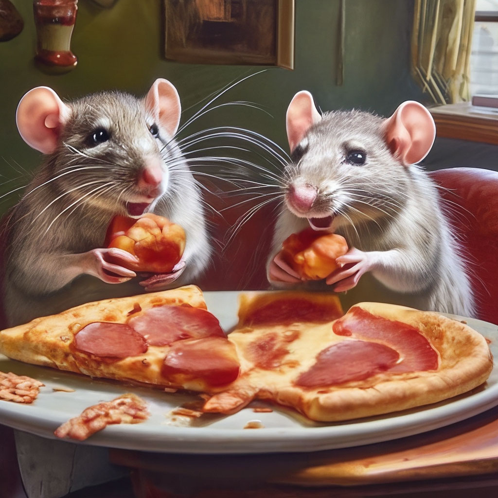 "Two very satisfied rats eating pepperoni pizza at the table, beautiful ...