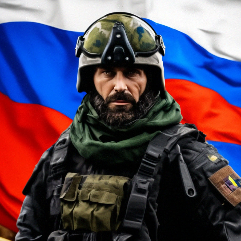 "Logo: a courageous, strong, Russian infantryman in camouflage gear ...