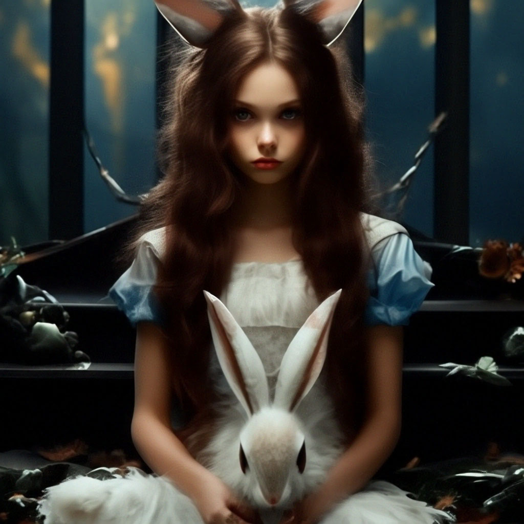 "Beautiful girl Alice without ears, in Wonderland and a humanoid rabbit ...