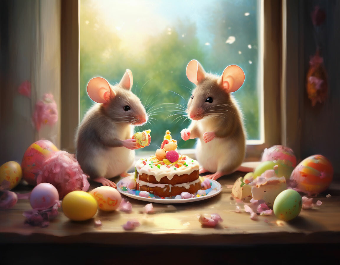 "Two cute little mice celebrate Easter, sit and eat a very beautiful ...