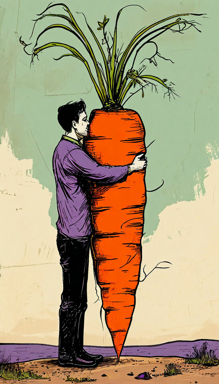 "Simple ink and ink drawing, cartoon style, a man hugs a huge orange ...