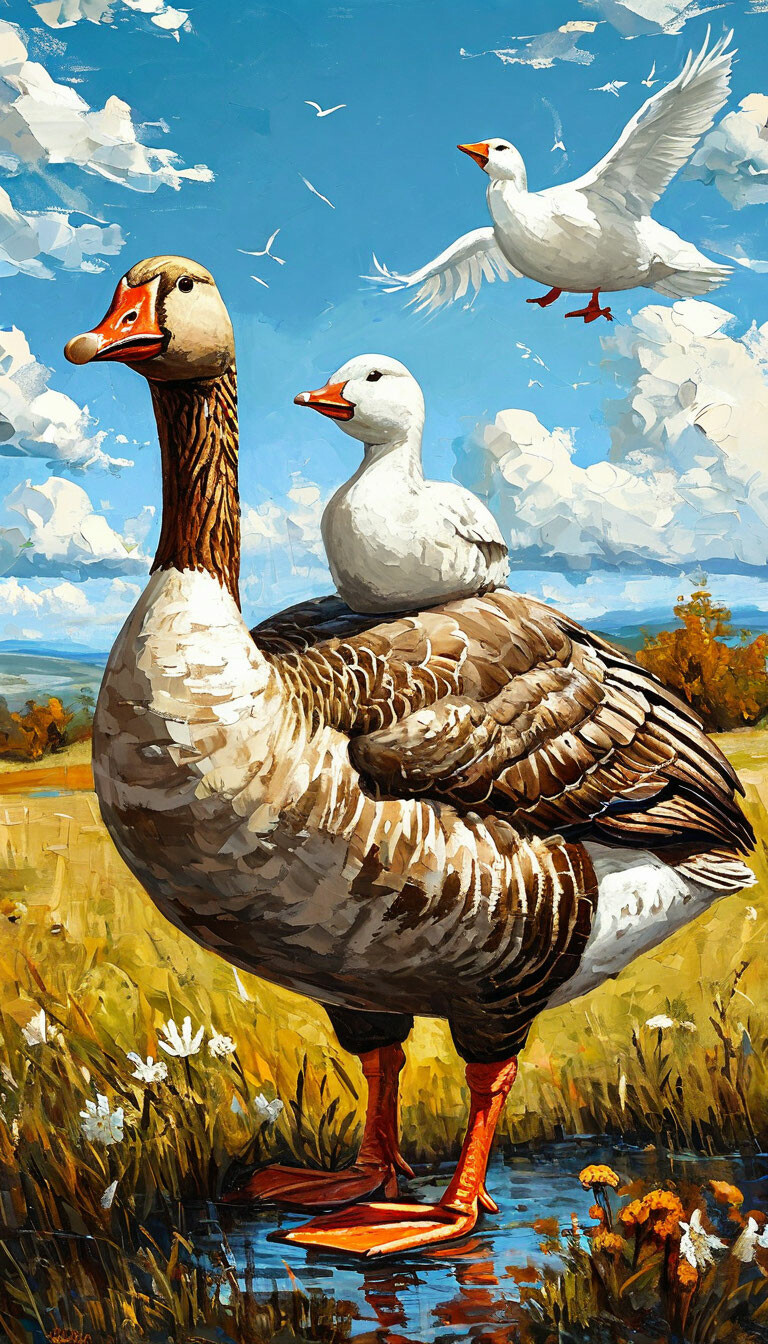 "A goose riding on a goose, around a goose, on the horizon a giant ...