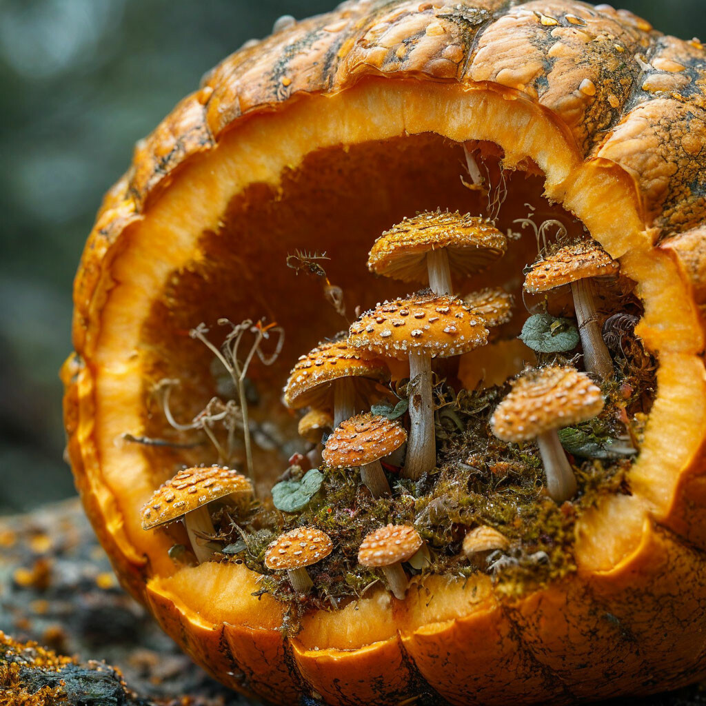 "Micro world, micro men, live in a big pumpkin macro magnification ...