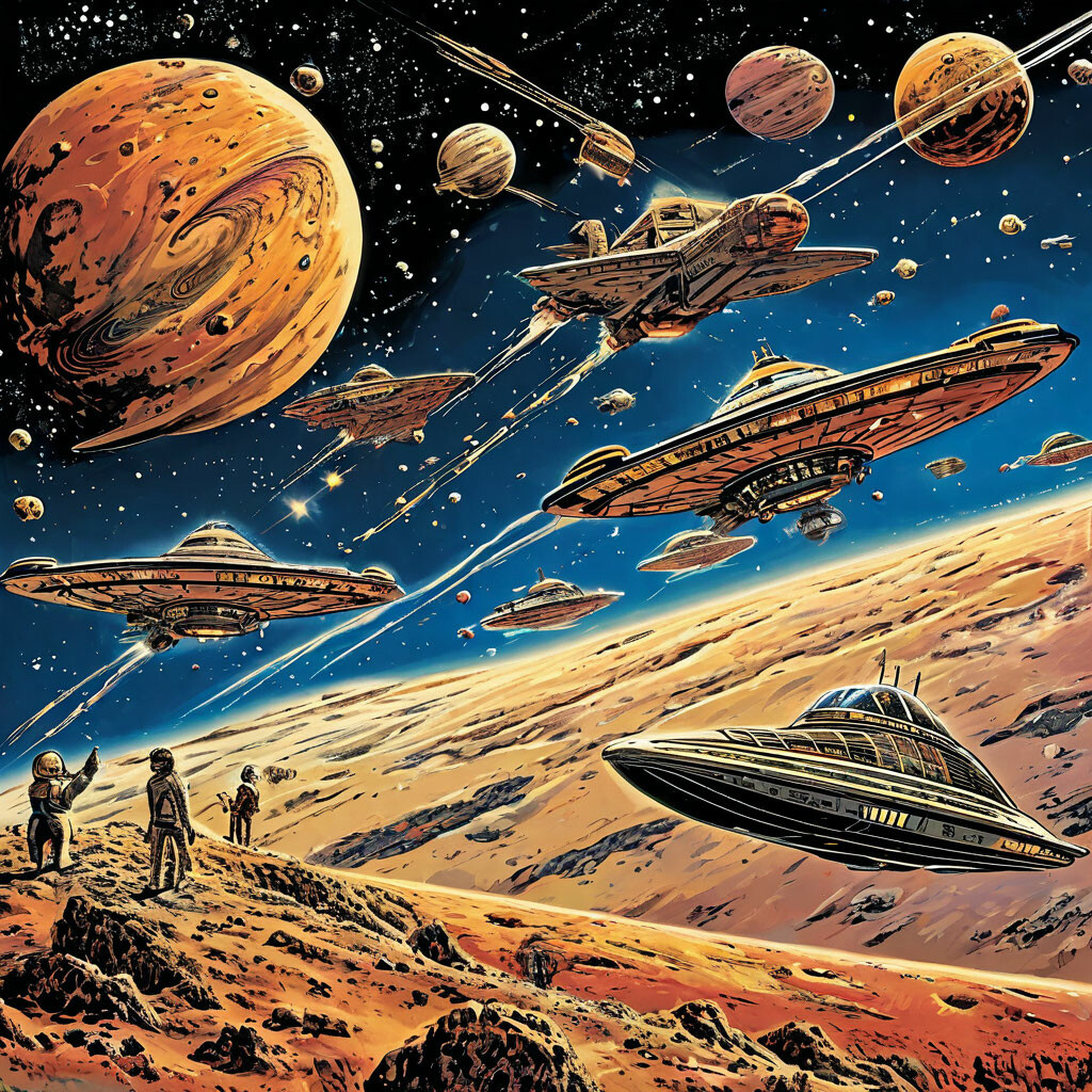 "A Soviet poster. A cosmic landscape, interstellar space, a black sky ...