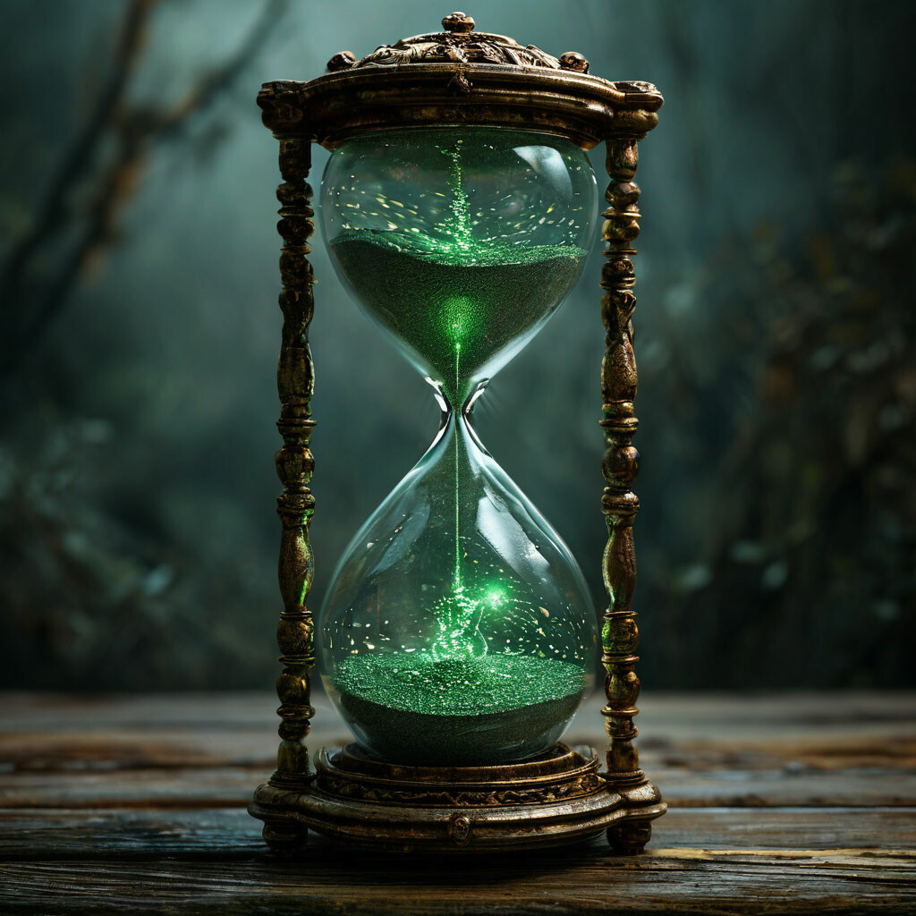 "Ghosts inside the hourglass, dark theme, greenish glow" — image created in Shedevrum