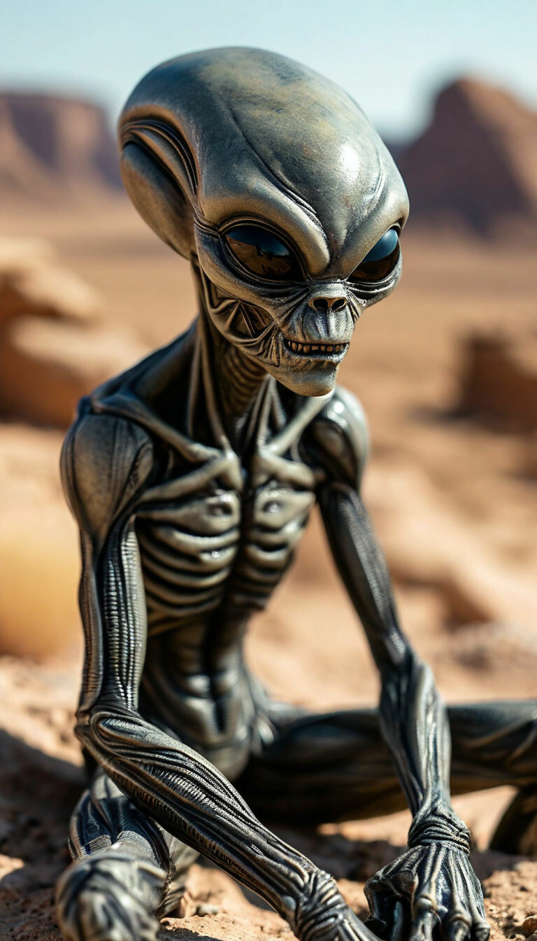 "Close-up of the alien figure. He has a grey humanoid body with large ...