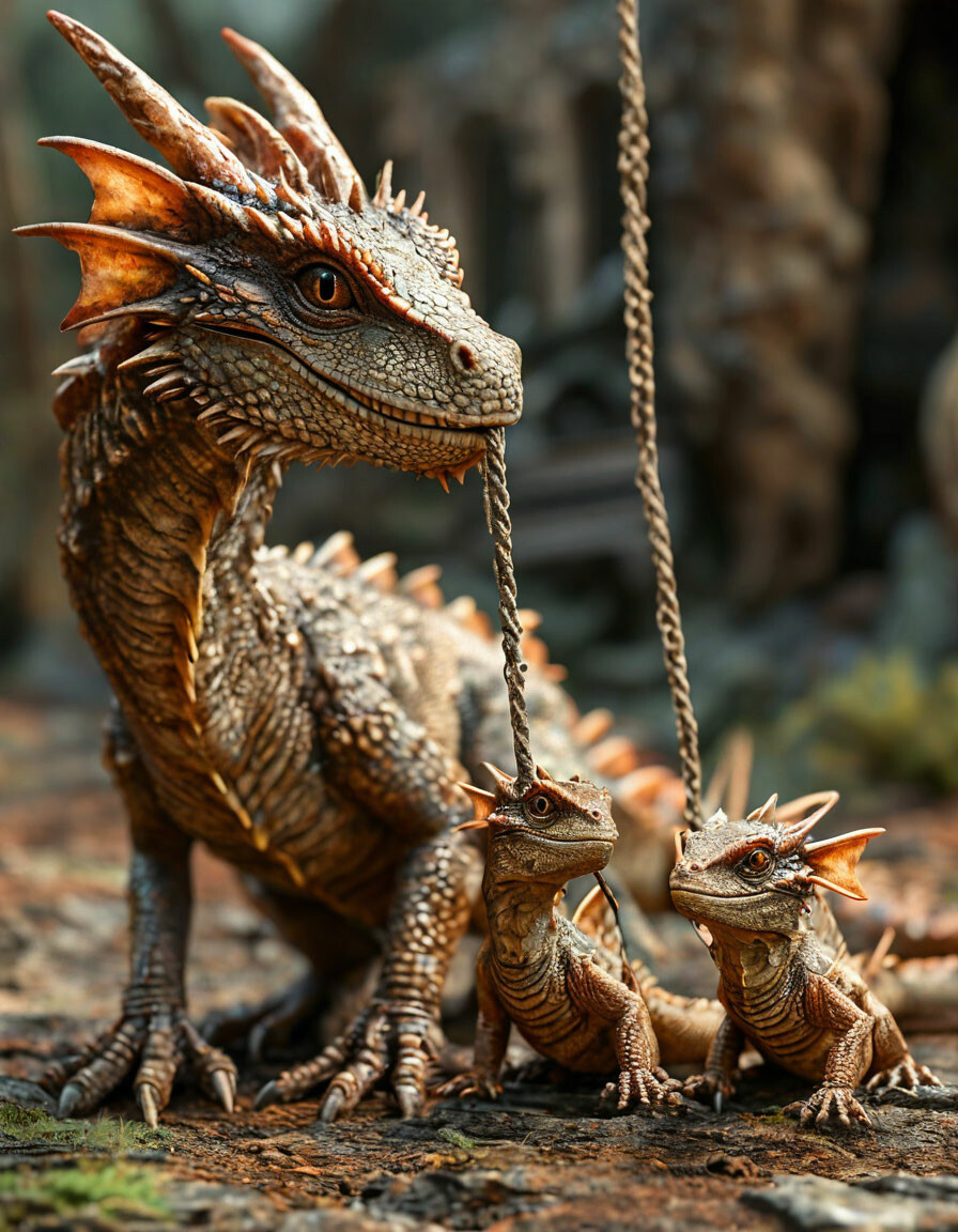 Leads a live baby dragon on a leash with three( 3 )heads Ultra HD++raw ...