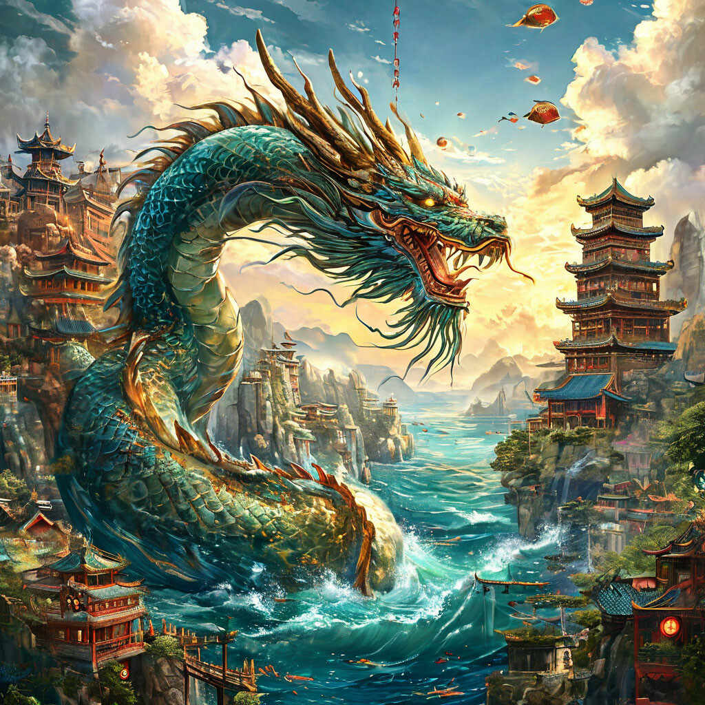 "Chinese sea dragon sails through a …" — image created in Shedevrum