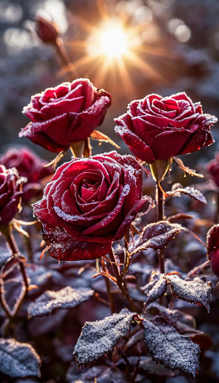 "Burgundy roses, frost, sun rays" — image created in Shedevrum