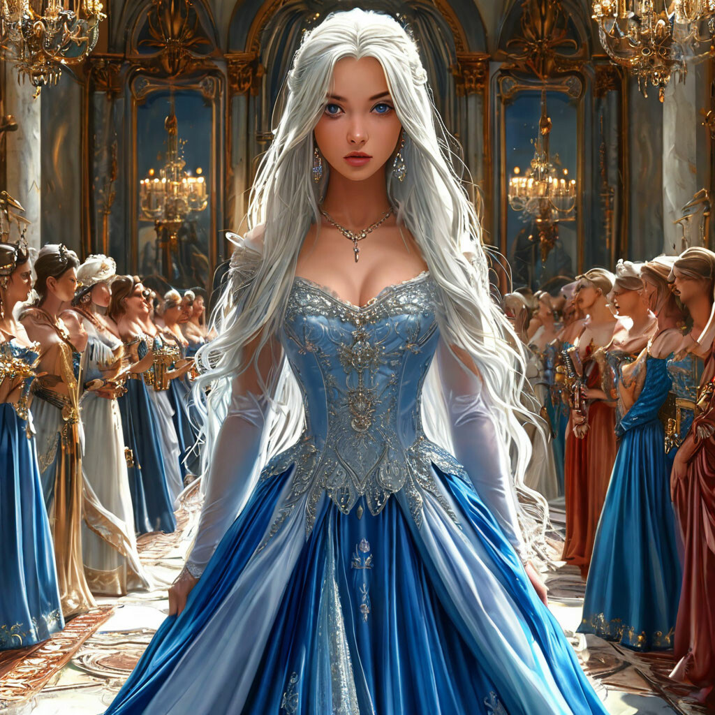 "A beautiful princess with long white …" — image created in Shedevrum