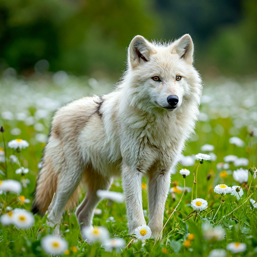 "A white fluffy wolf cub in full …" — image created in Shedevrum