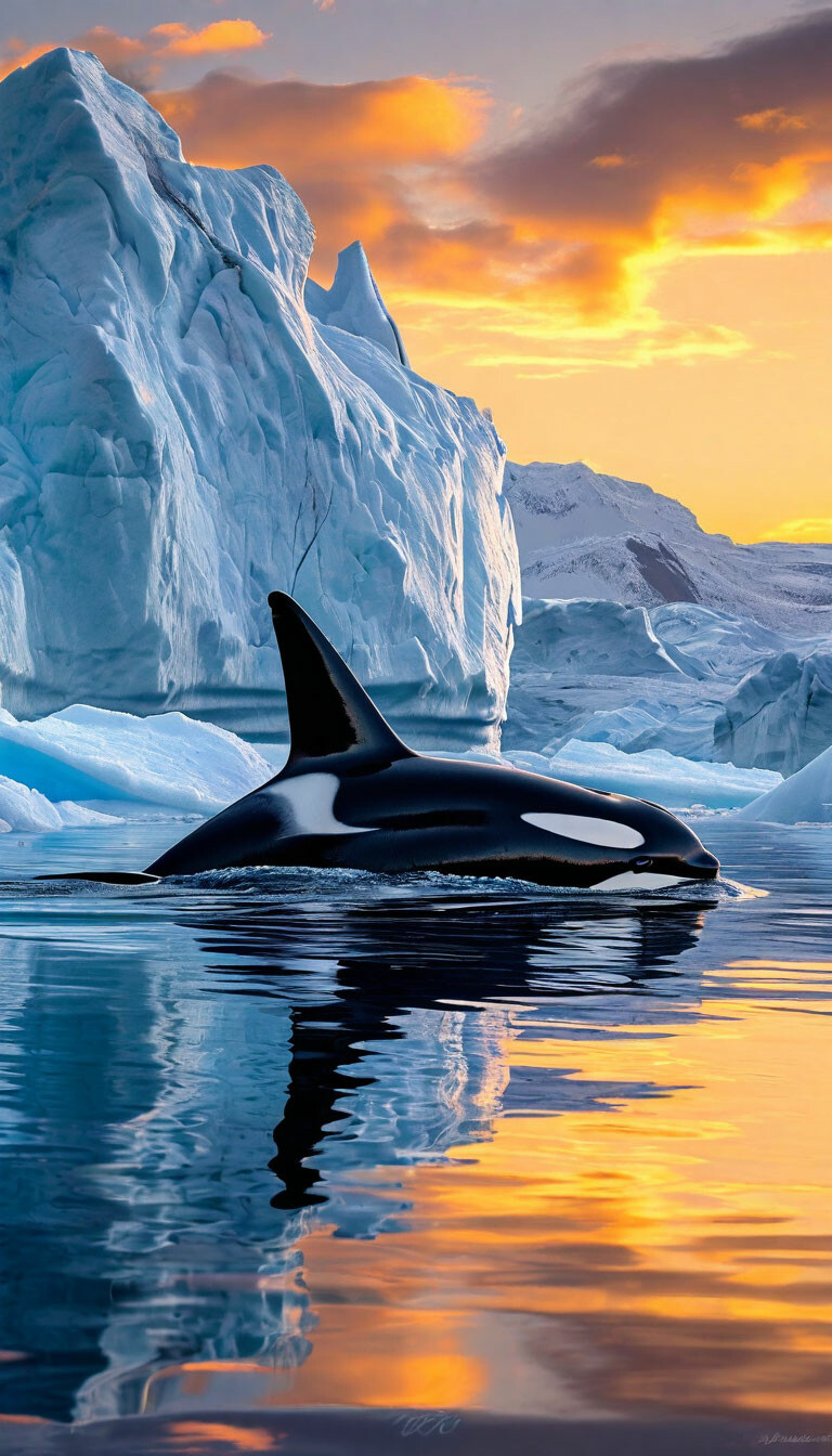 "The iceberg.sunset. orca reflection in water" — image created in Shedevrum