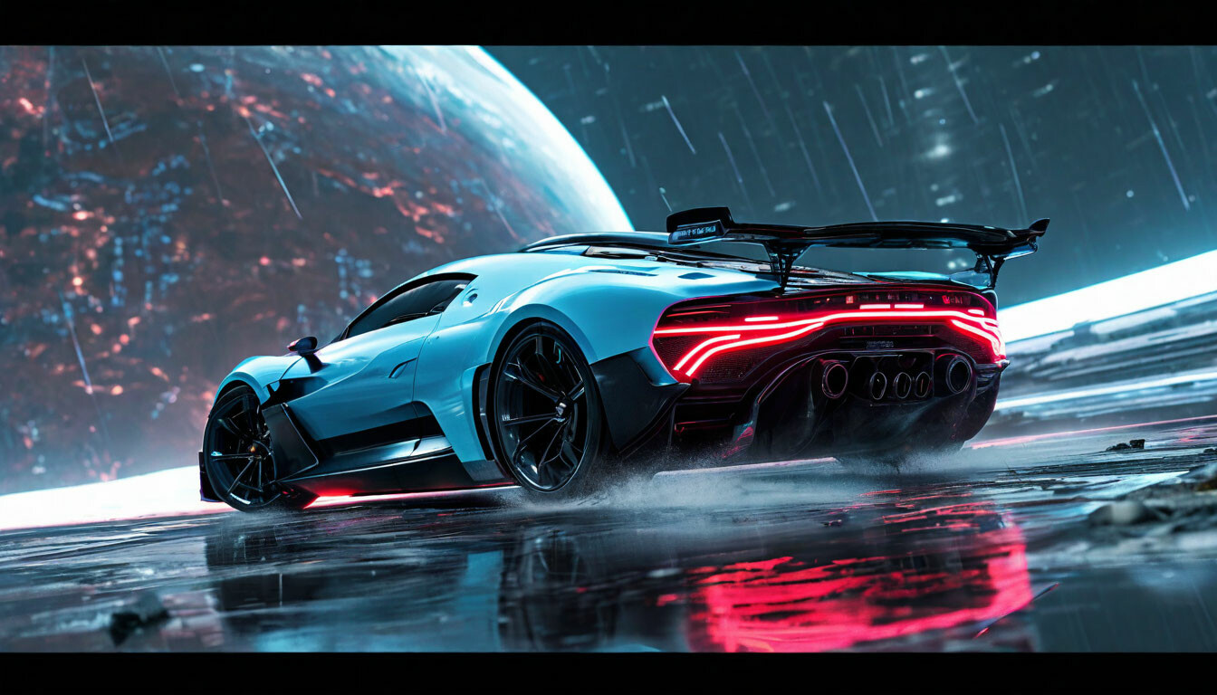 Bugatti Centodieci spaceship flies towards the neon indigo planet ...