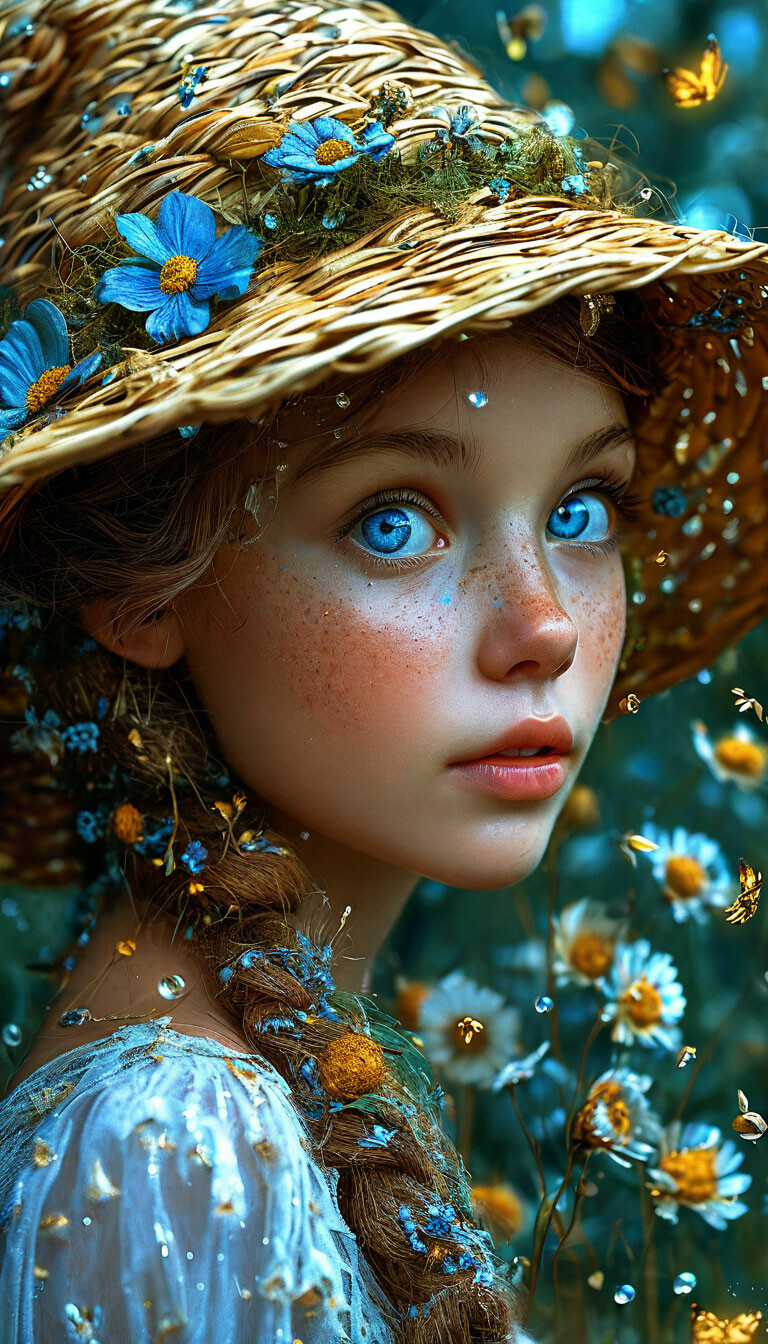 ". Blue-eyed fairy in the garden straw hat fireflies conceptually ...