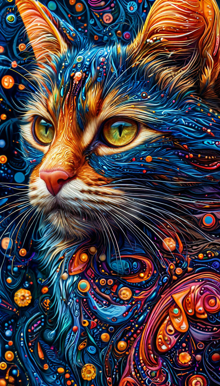 "Colorful cat, made of feathers, circles, rings, threads, backlighting ...