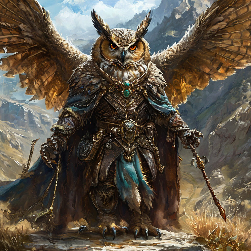 "Humanoid owl necromancer magician, fantasy escapes from a dragon ...