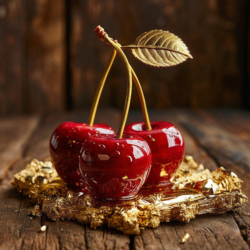 "Cherry made of gold mock-up surrealism" — image created in Shedevrum