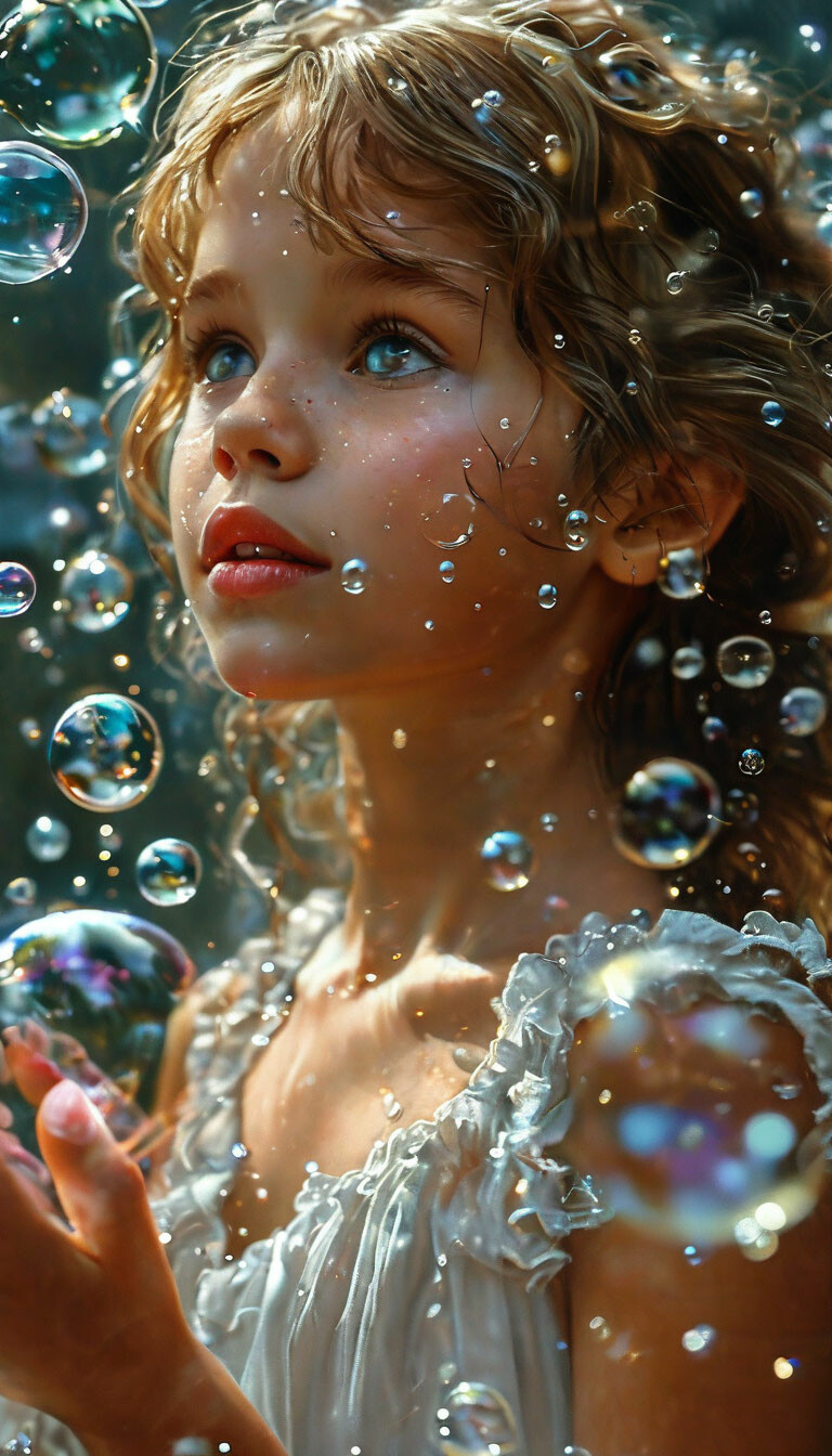 "The girl launches soap bubbles very very beautifully hyperrealism ...
