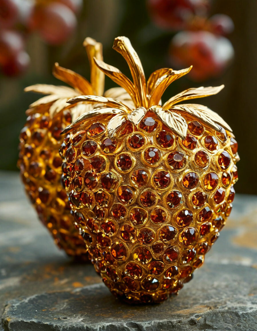 "Golden strawberries encrusted with garnet crystals" — image created in ...