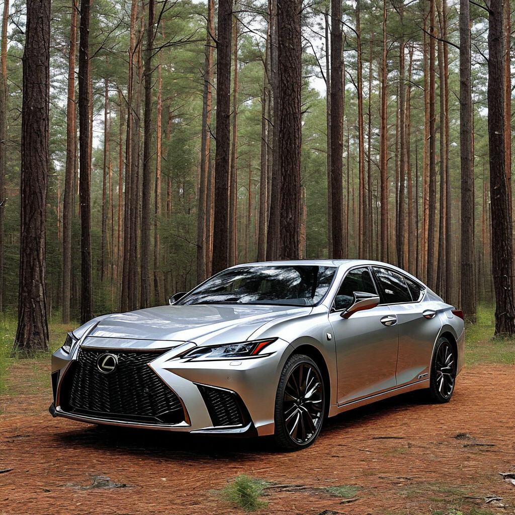 "Silver Lexus in the pine forest" — image created in Shedevrum
