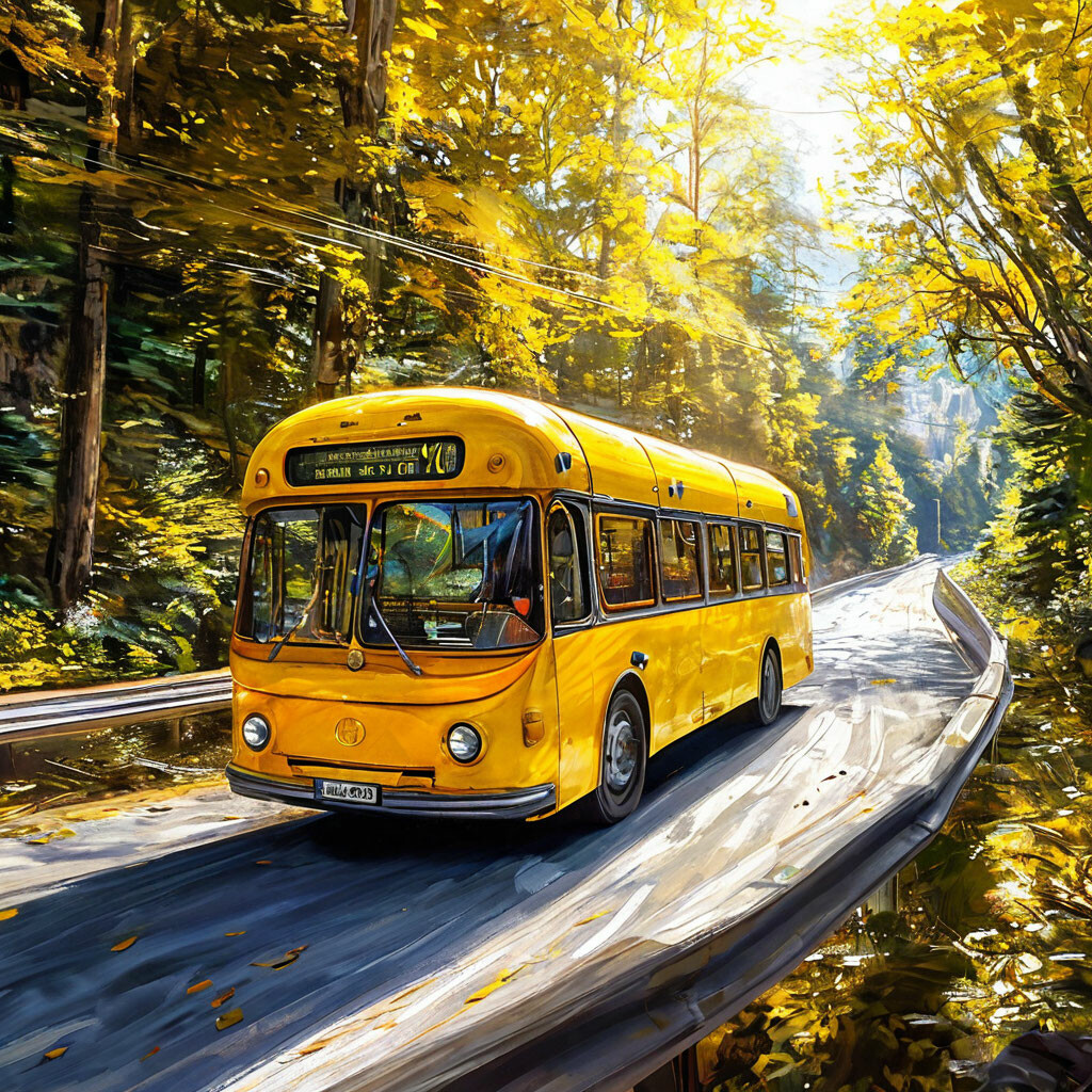 "A cheerful bus rides along an autumn …" — image created in Shedevrum