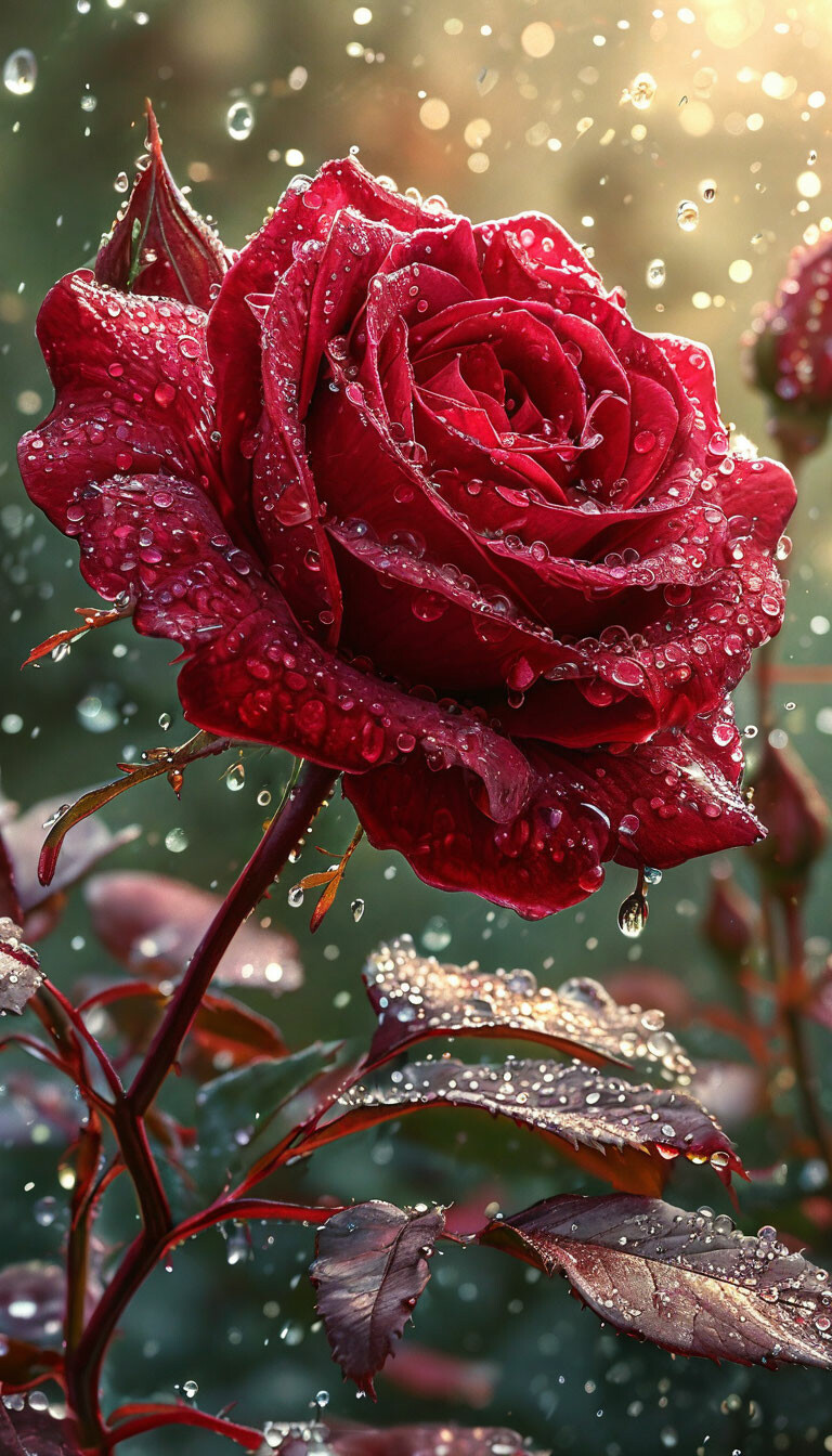 "Fluffy illustration, beautiful burgundy rose bush, brightness ...