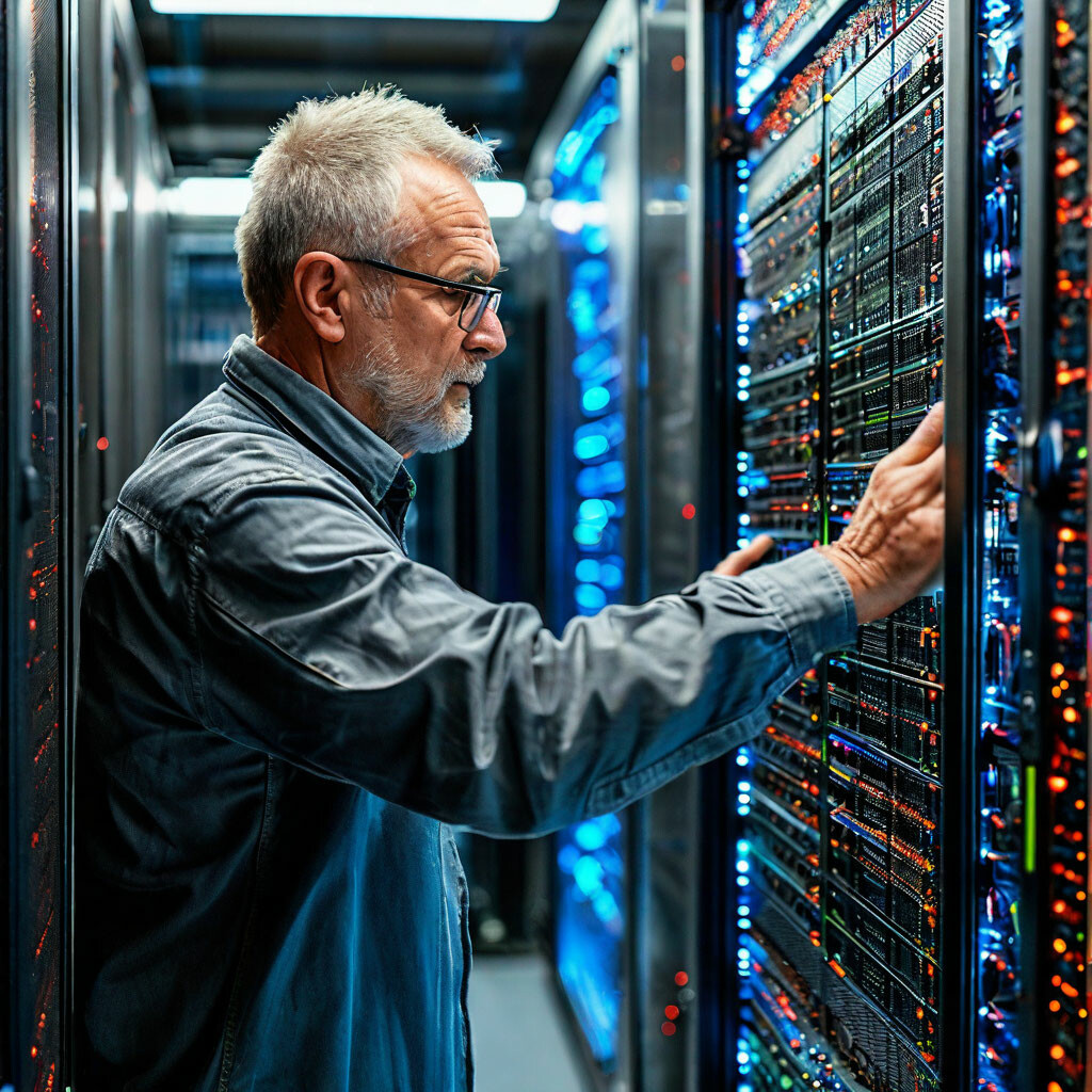 "A senior IT engineer at the workplace…" — image created in Shedevrum