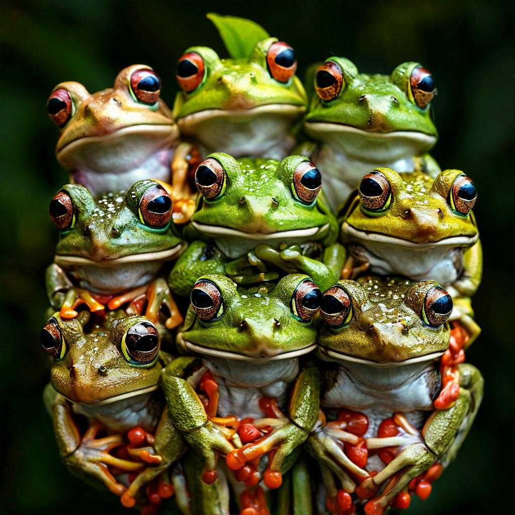 "A bouquet of different frogs" — image created in Shedevrum