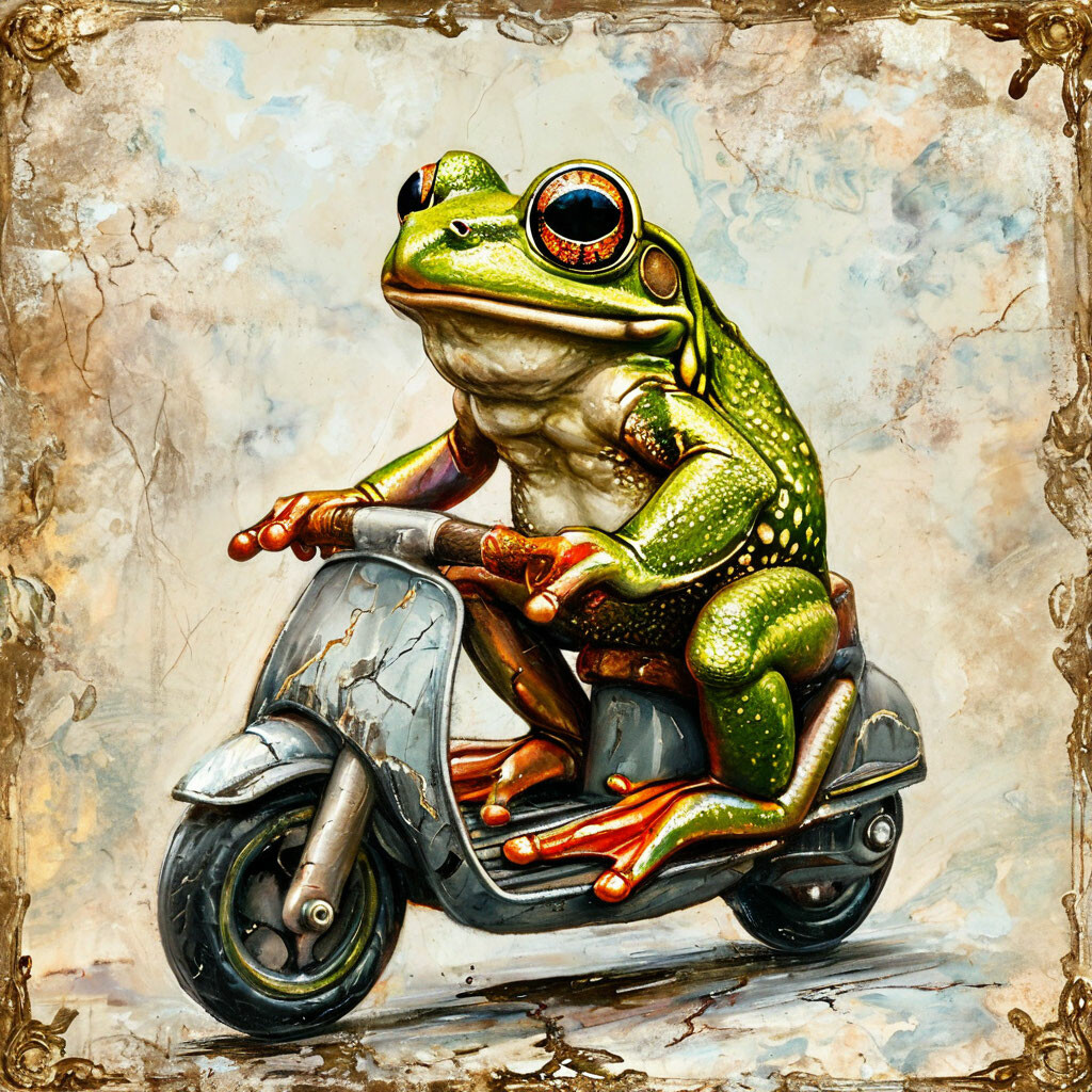 "Frog on a scooter, gently, glow, …" — image created in Shedevrum