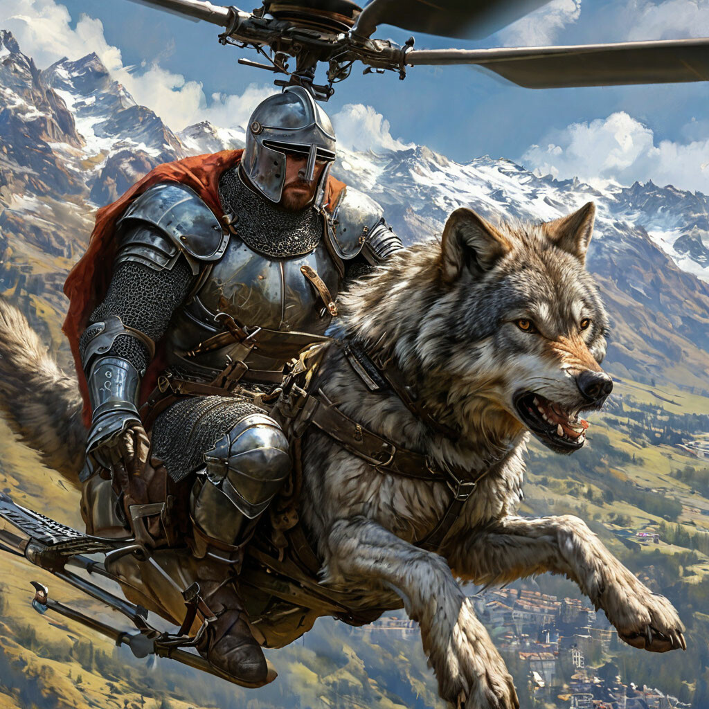 "A male knight is flying in a …" — image created in Shedevrum