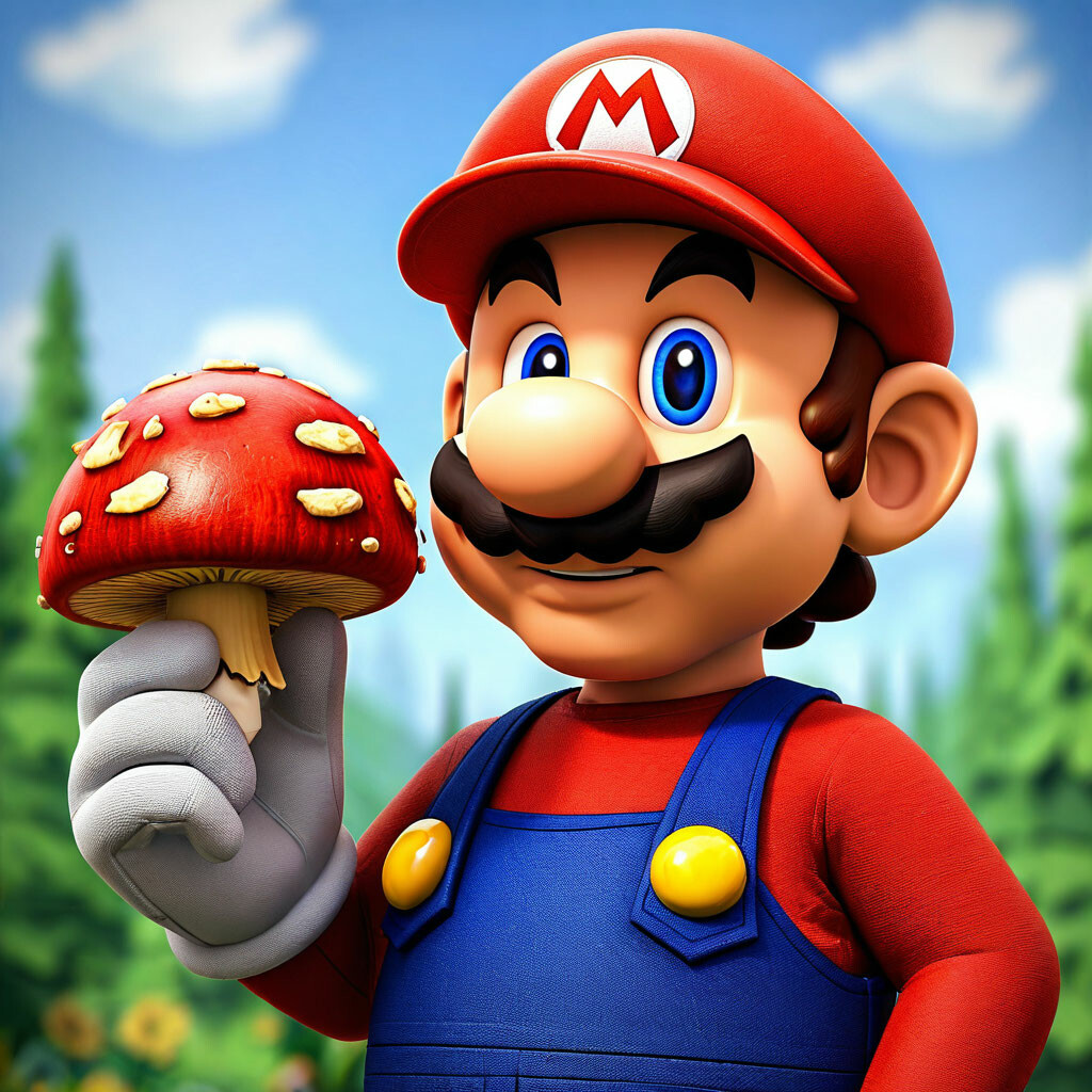 «Mario is surprised, holding a mushroom in his hand» — video created in ...